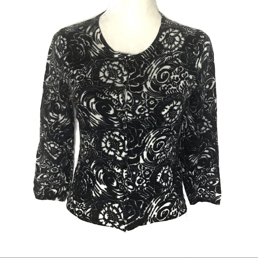 Talbots Merino Wool Floral 3/4 Sleeve Cardigan - Gem